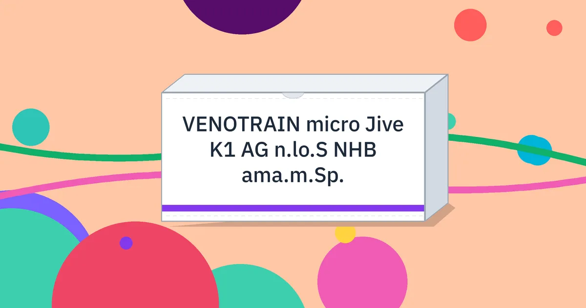 Symbolbild: Packung mit der Aufschrift VENOTRAIN micro Jive K1 AG n.lo.S NHB ama.m.Sp. (PZN 17764948) – Verfügbarkeit und Bezug in Apotheken in Frankfurt am Main