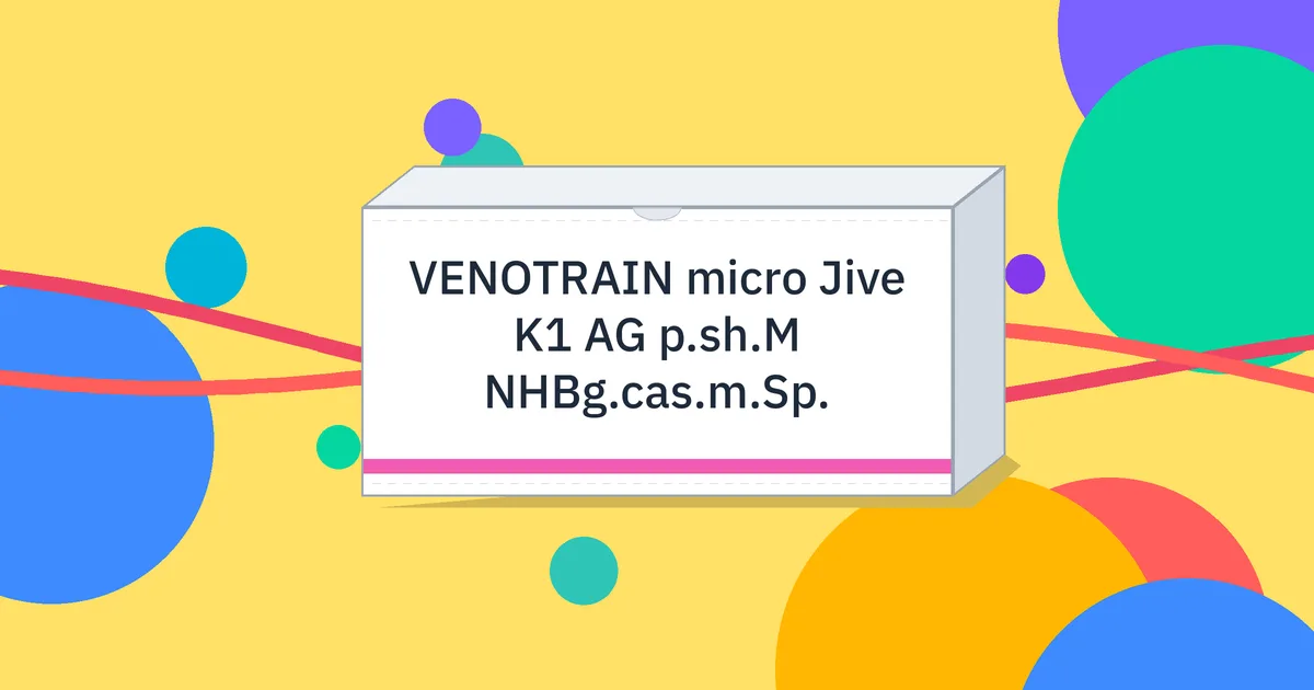 Symbolbild: Packung mit der Aufschrift VENOTRAIN micro Jive K1 AG p.sh.M NHBg.cas.m.Sp. (PZN 20766738) – Verfügbarkeit und Bezug in Apotheken in Frankfurt am Main