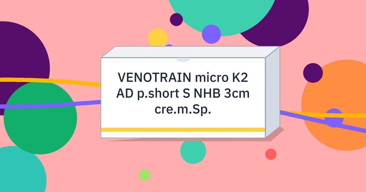 Symbolbild: Packung mit der Aufschrift VENOTRAIN micro K2 AD p.short S NHB 3cm cre.m.Sp. (PZN 05717926) – Verfügbarkeit und Bezug in Apotheken in Frankfurt am Main