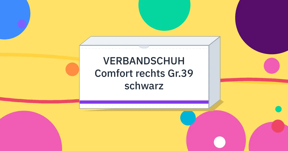 Symbolbild: Packung mit der Aufschrift VERBANDSCHUH Comfort rechts Gr.39 schwarz (PZN 11014815) – Verfügbarkeit und Bezug in Apotheken in Frankfurt am Main