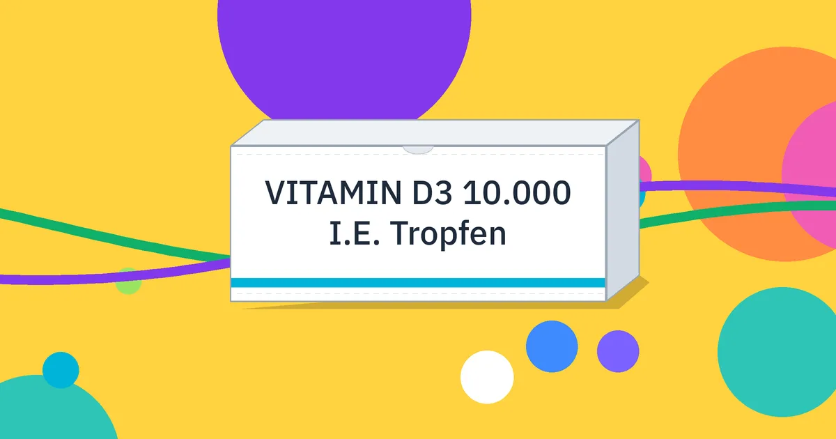 Symbolbild: Packung mit der Aufschrift VITAMIN D3 10.000 I.E. Tropfen (PZN 19729554) – Verfügbarkeit und Bezug in Apotheken in Frankfurt am Main