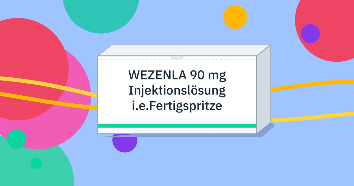 Symbolbild: Packung mit der Aufschrift WEZENLA 90 mg Injektionslösung i.e.Fertigspritze (PZN 19680322) – Verfügbarkeit und Bezug in Apotheken in Frankfurt am Main