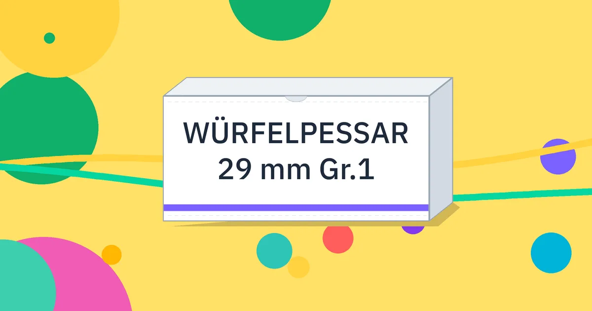 Symbolbild: Packung mit der Aufschrift WÜRFELPESSAR 29 mm Gr.1 (PZN 07286324) – Verfügbarkeit und Bezug in Apotheken in Frankfurt am Main
