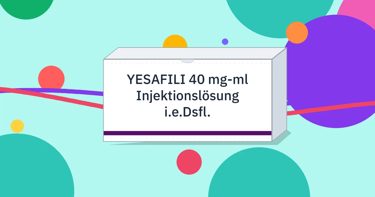 Symbolbild: Packung mit der Aufschrift YESAFILI 40 mg-ml Injektionslösung i.e.Dsfl. (PZN 19840725) – Verfügbarkeit und Bezug in Apotheken in Frankfurt am Main