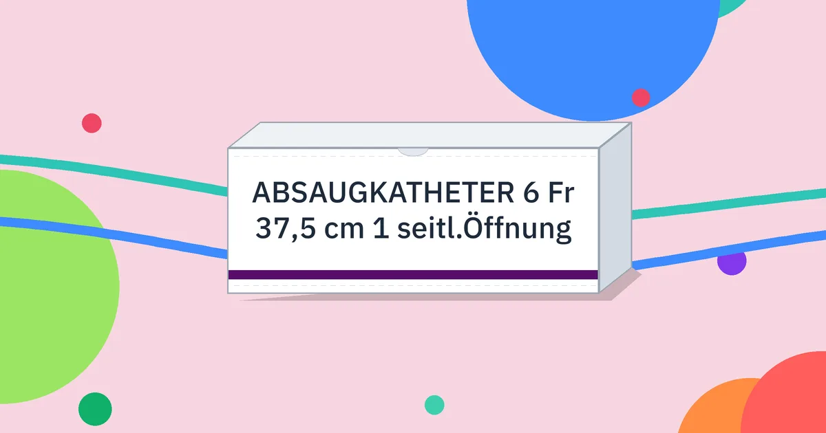 Symbolbild: Packung mit der Aufschrift ABSAUGKATHETER 6 Fr 37,5 cm 1 seitl.Öffnung (PZN 17910410) – Verfügbarkeit und Bezug in Apotheken in Frankfurt am Main