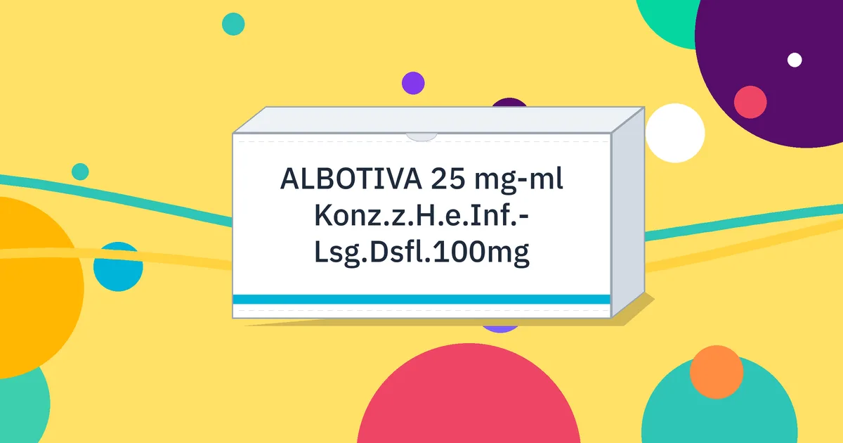 Symbolbild: Packung mit der Aufschrift ALBOTIVA 25 mg-ml Konz.z.H.e.Inf.-Lsg.Dsfl.100mg (PZN 14409454) – Verfügbarkeit und Bezug in Apotheken in Frankfurt am Main