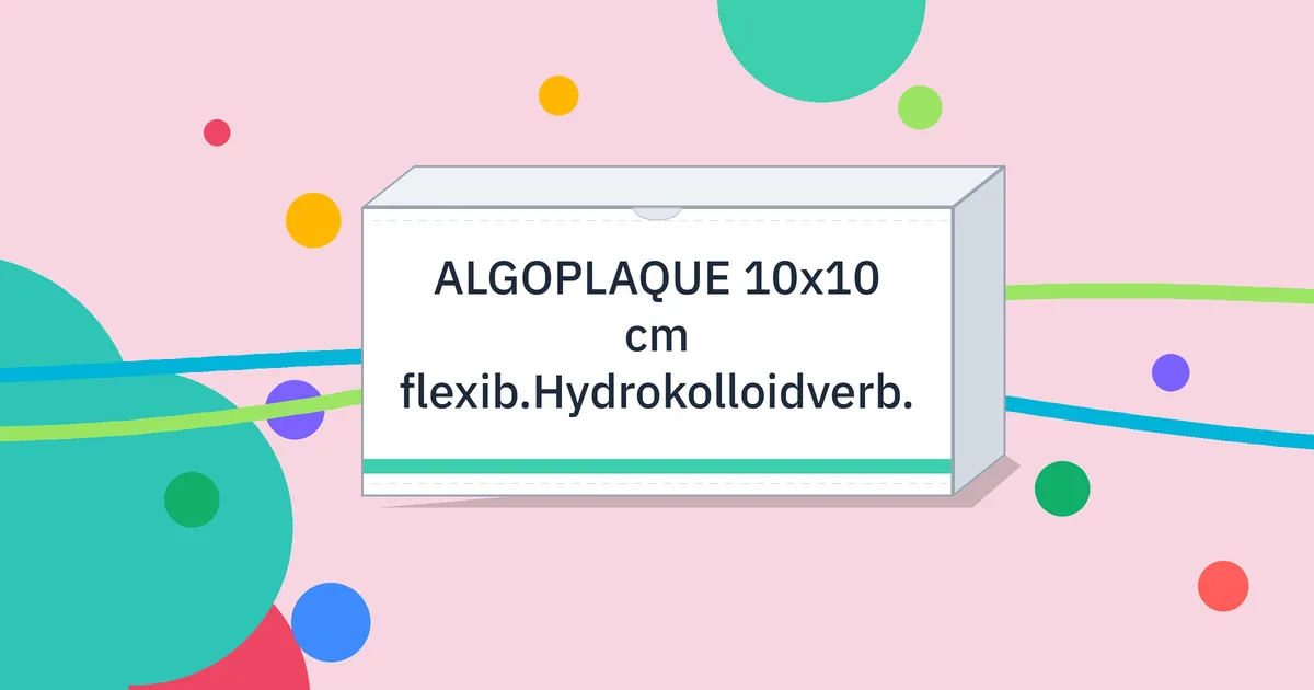 Symbolbild: Packung mit der Aufschrift ALGOPLAQUE 10x10 cm flexib.Hydrokolloidverb. (PZN 01007547) – Verfügbarkeit und Bezug in Apotheken in Frankfurt am Main