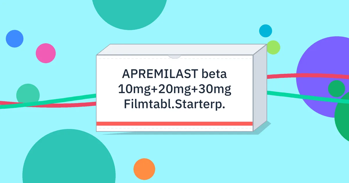 Symbolbild: Packung mit der Aufschrift APREMILAST beta 10mg+20mg+30mg Filmtabl.Starterp. (PZN 20092257) – Verfügbarkeit und Bezug in Apotheken in Frankfurt am Main