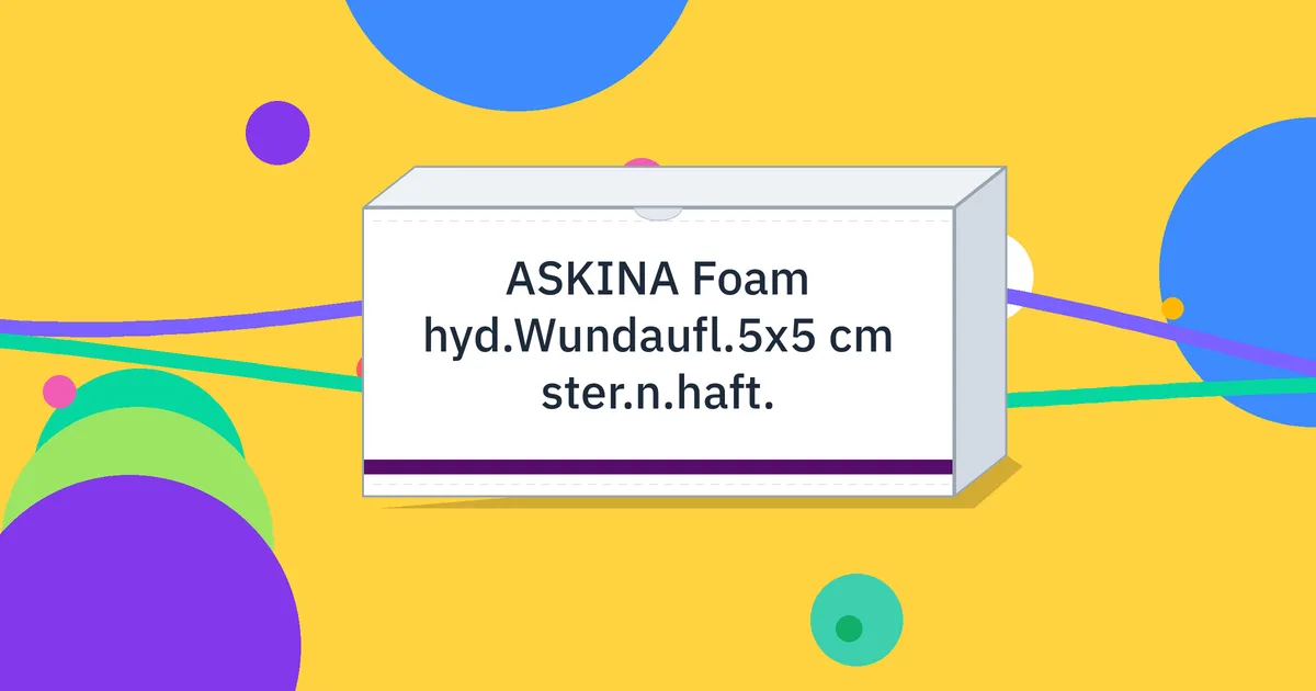 Symbolbild: Packung mit der Aufschrift ASKINA Foam hyd.Wundaufl.5x5 cm ster.n.haft. (PZN 18208563) – Verfügbarkeit und Bezug in Apotheken in Frankfurt am Main