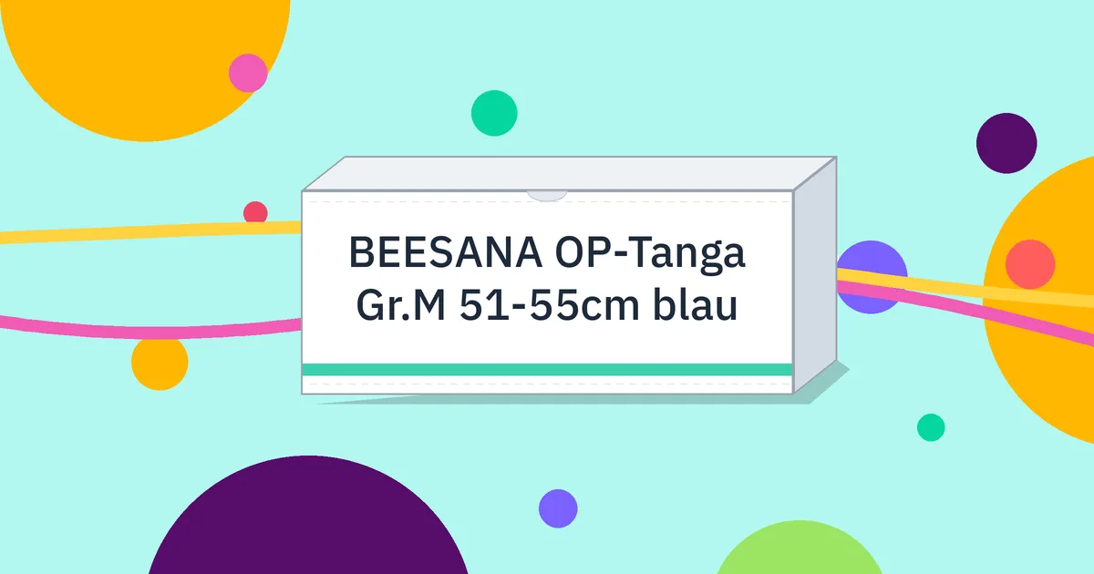 Symbolbild: Packung mit der Aufschrift BEESANA OP-Tanga Gr.M 51-55cm blau (PZN 11857318) – Verfügbarkeit und Bezug in Apotheken in Frankfurt am Main