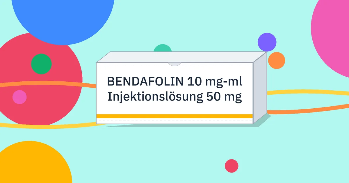 Symbolbild: Packung mit der Aufschrift BENDAFOLIN 10 mg-ml Injektionslösung 50 mg (PZN 01875114) – Verfügbarkeit und Bezug in Apotheken in Frankfurt am Main