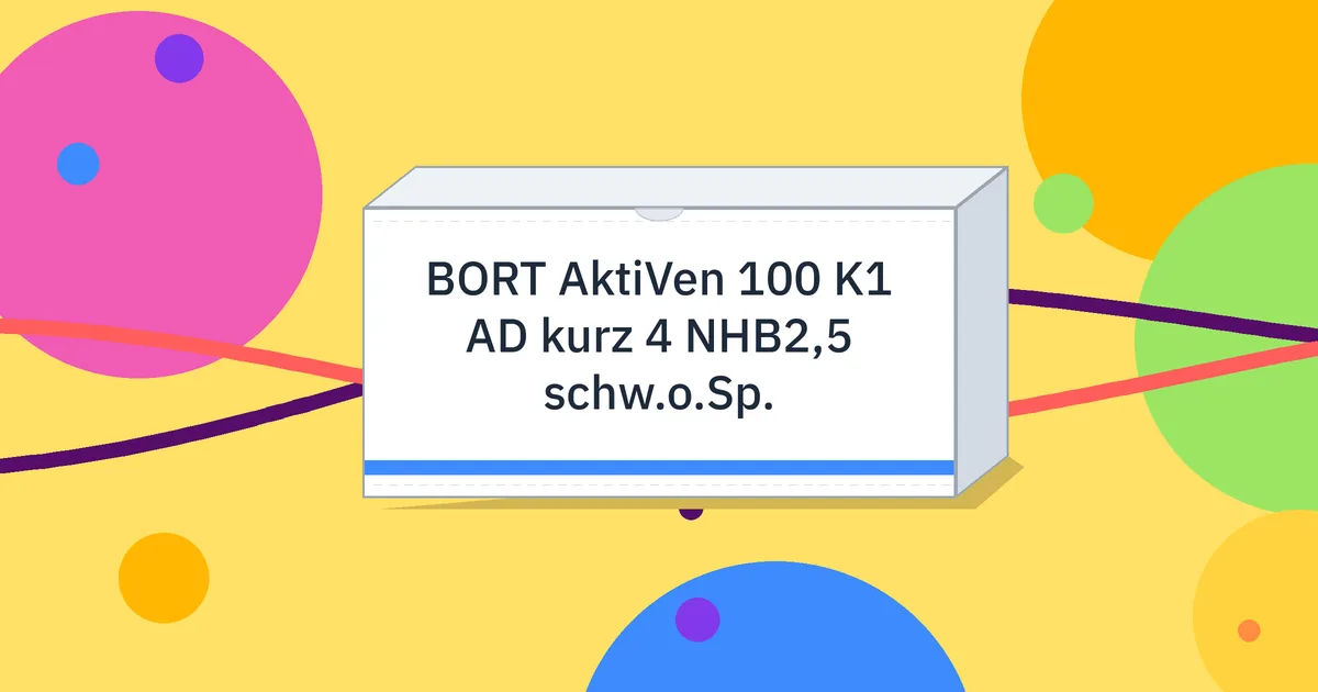 Symbolbild: Packung mit der Aufschrift BORT AktiVen 100 K1 AD kurz 4 NHB2,5 schw.o.Sp. (PZN 17502059) – Verfügbarkeit und Bezug in Apotheken in Frankfurt am Main