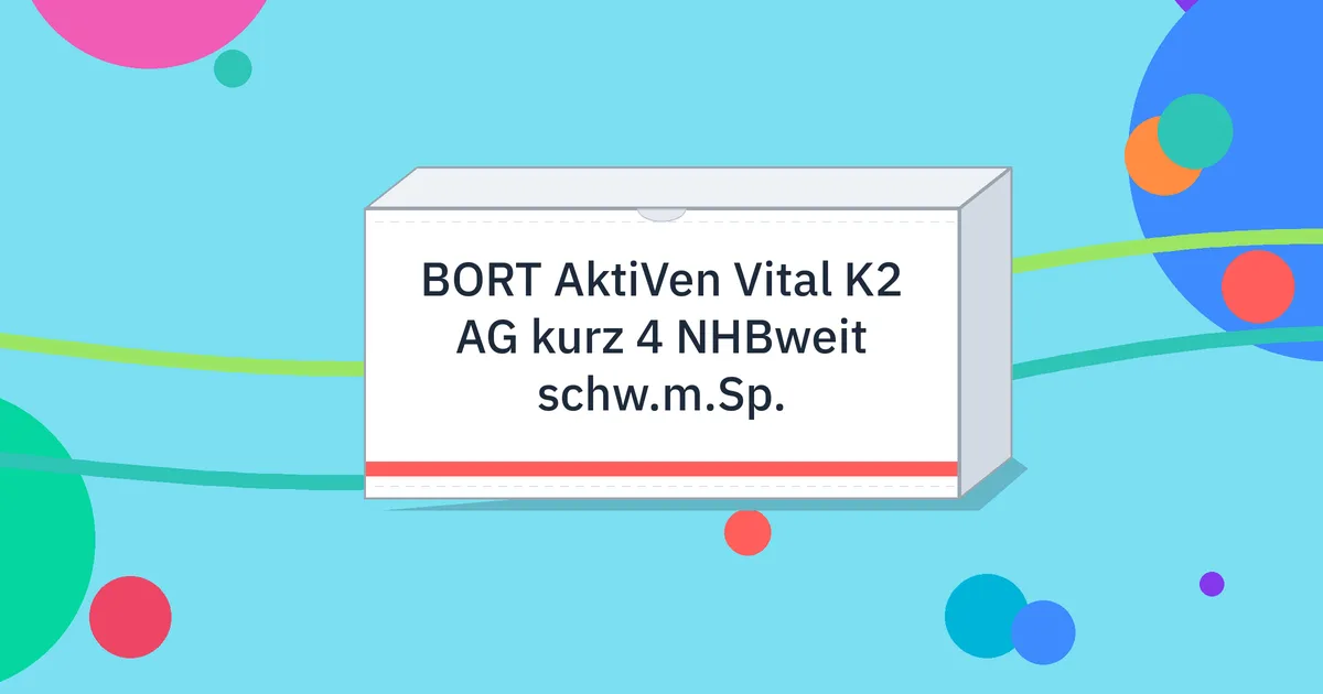 Symbolbild: Packung mit der Aufschrift BORT AktiVen Vital K2 AG kurz 4 NHBweit schw.m.Sp. (PZN 12385241) – Verfügbarkeit und Bezug in Apotheken in Frankfurt am Main