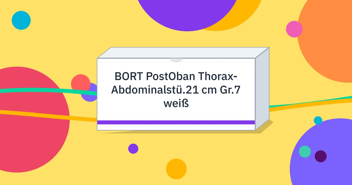 Symbolbild: Packung mit der Aufschrift BORT PostOban Thorax-Abdominalstü.21 cm Gr.7 weiß (PZN 02768780) – Verfügbarkeit und Bezug in Apotheken in Frankfurt am Main