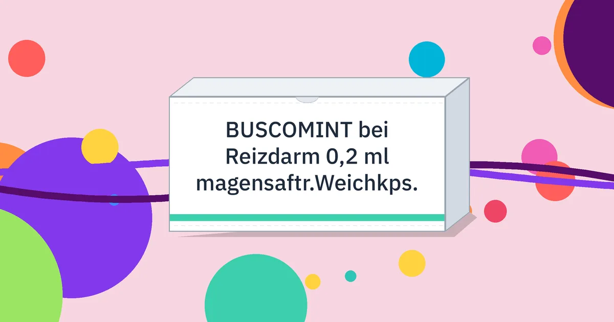 Symbolbild: Packung mit der Aufschrift BUSCOMINT bei Reizdarm 0,2 ml magensaftr.Weichkps. (PZN 15295610) – Verfügbarkeit und Bezug in Apotheken in Frankfurt am Main