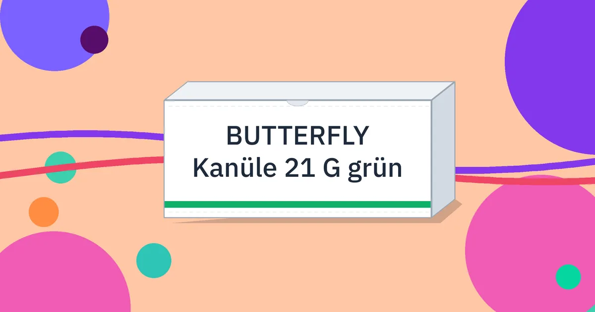 Symbolbild: Packung mit der Aufschrift BUTTERFLY Kanüle 21 G grün (PZN 19990525) – Verfügbarkeit und Bezug in Apotheken in Frankfurt am Main