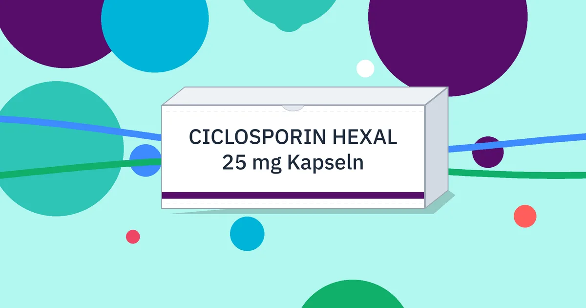 Symbolbild: Packung mit der Aufschrift CICLOSPORIN HEXAL 25 mg Kapseln (PZN 08867678) – Verfügbarkeit und Bezug in Apotheken in Frankfurt am Main