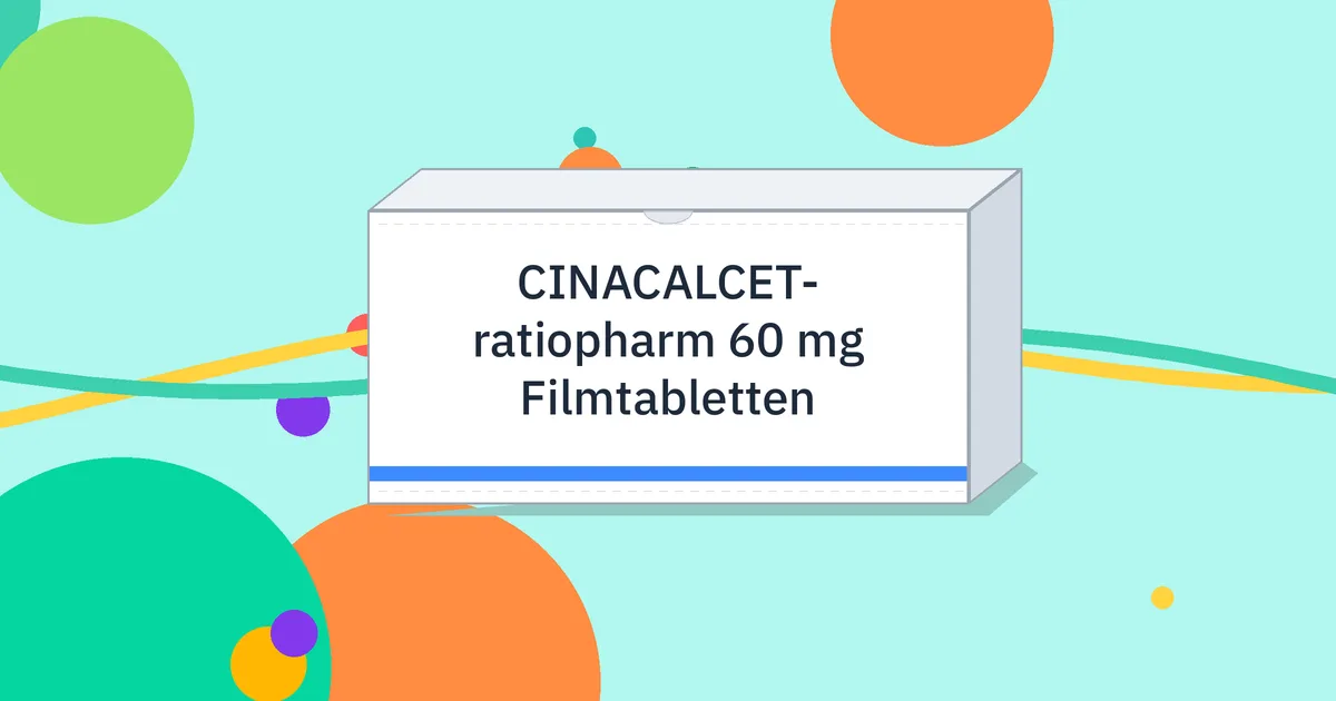 Symbolbild: Packung mit der Aufschrift CINACALCET-ratiopharm 60 mg Filmtabletten (PZN 16129925) – Verfügbarkeit und Bezug in Apotheken in Frankfurt am Main