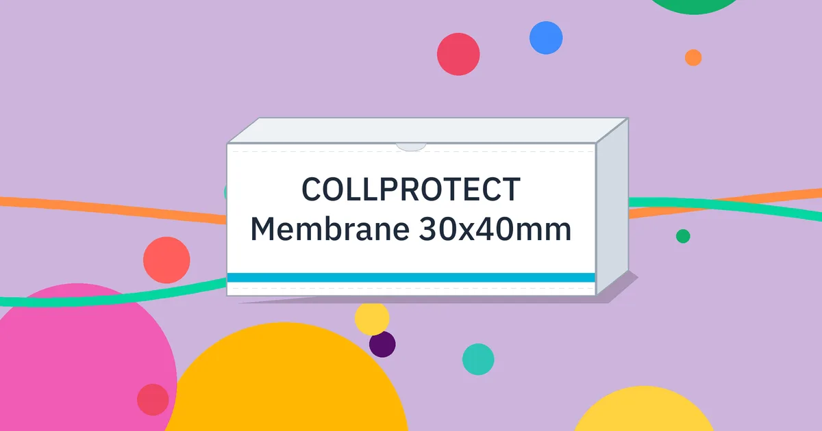 Symbolbild: Packung mit der Aufschrift COLLPROTECT Membrane 30x40mm (PZN 08853653) – Verfügbarkeit und Bezug in Apotheken in Frankfurt am Main