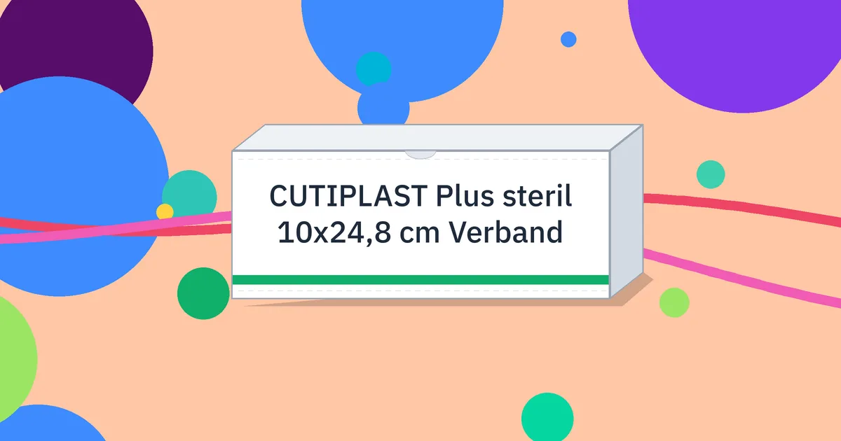Symbolbild: Packung mit der Aufschrift CUTIPLAST Plus steril 10x24,8 cm Verband (PZN 09732615) – Verfügbarkeit und Bezug in Apotheken in Frankfurt am Main