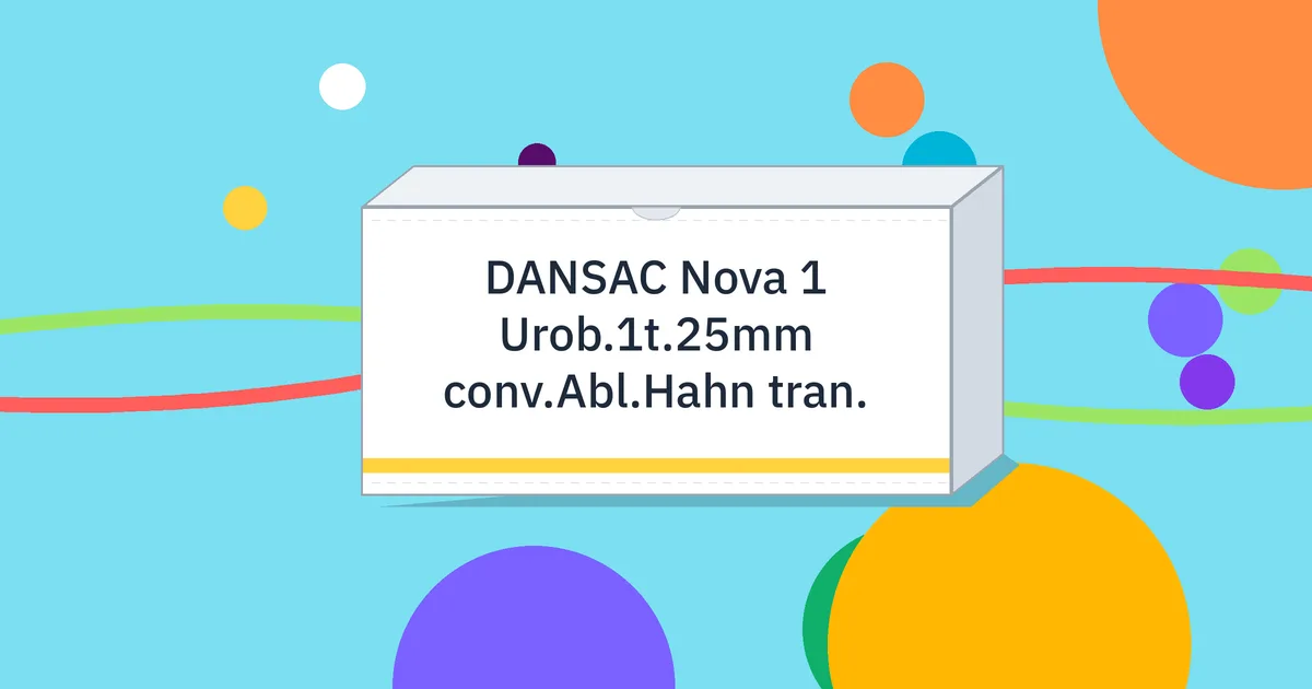 Symbolbild: Packung mit der Aufschrift DANSAC Nova 1 Urob.1t.25mm conv.Abl.Hahn tran. (PZN 04516976) – Verfügbarkeit und Bezug in Apotheken in Frankfurt am Main