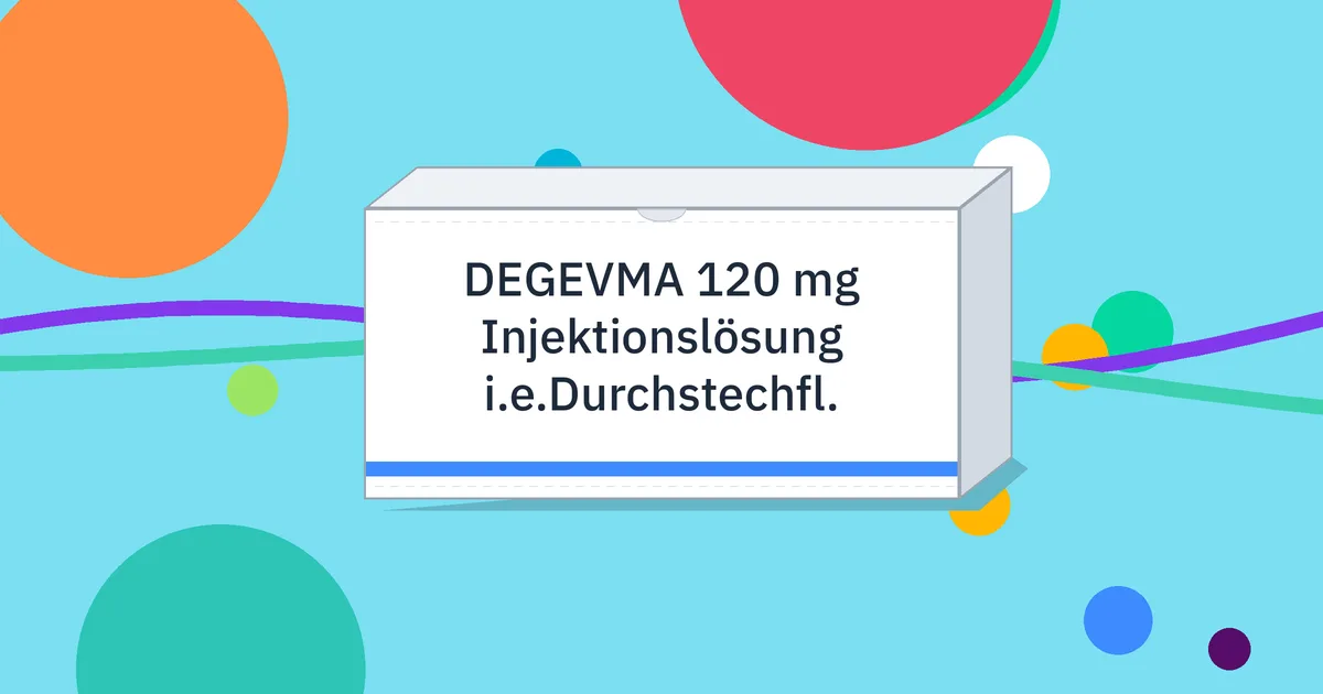 Symbolbild: Packung mit der Aufschrift DEGEVMA 120 mg Injektionslösung i.e.Durchstechfl. (PZN 19553859) – Verfügbarkeit und Bezug in Apotheken in Frankfurt am Main