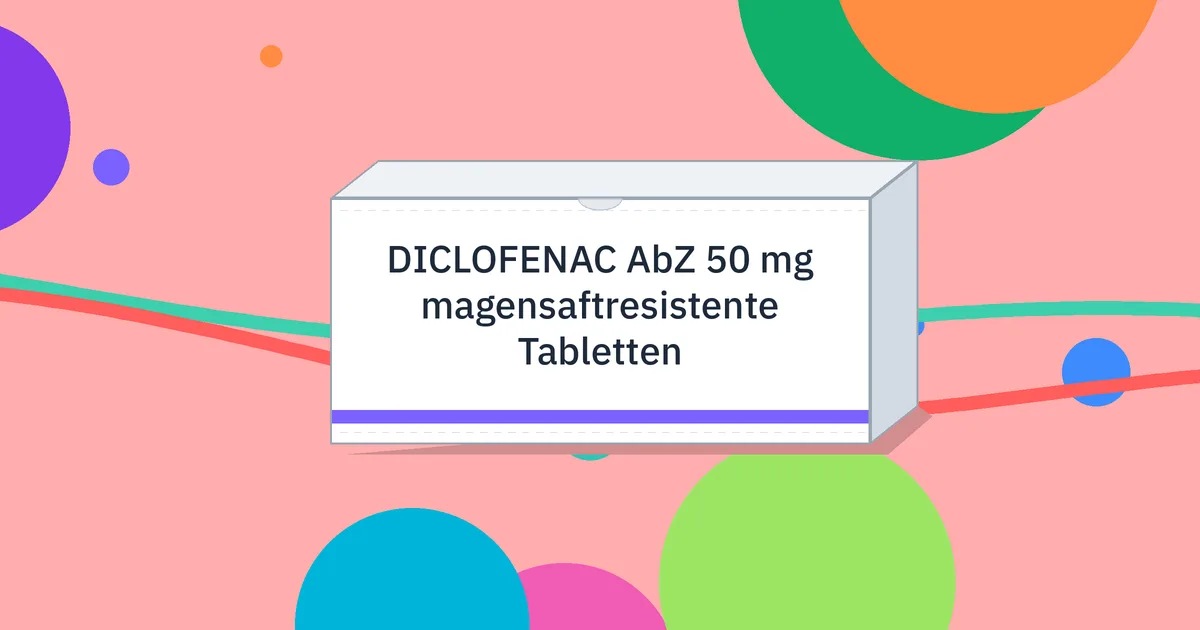 Symbolbild: Packung mit der Aufschrift DICLOFENAC AbZ 50 mg magensaftresistente Tabletten (PZN 01015558) – Verfügbarkeit und Bezug in Apotheken in Frankfurt am Main