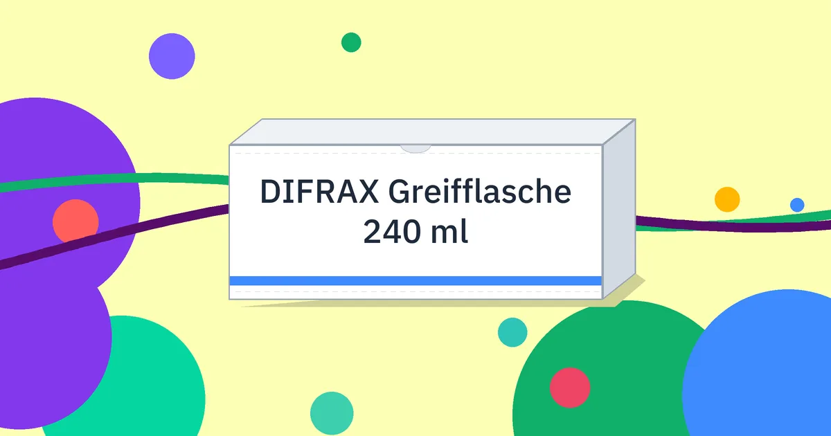 Symbolbild: Packung mit der Aufschrift DIFRAX Greifflasche 240 ml (PZN 12518162) – Verfügbarkeit und Bezug in Apotheken in Frankfurt am Main