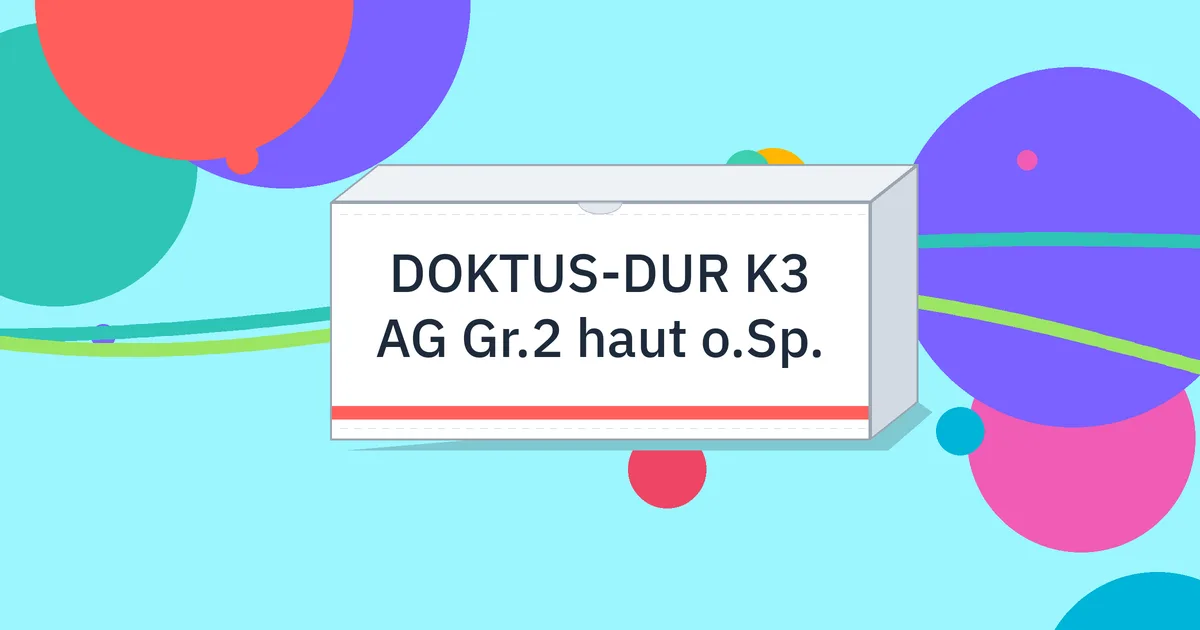 Symbolbild: Packung mit der Aufschrift DOKTUS-DUR K3 AG Gr.2 haut o.Sp. (PZN 00597162) – Verfügbarkeit und Bezug in Apotheken in Frankfurt am Main