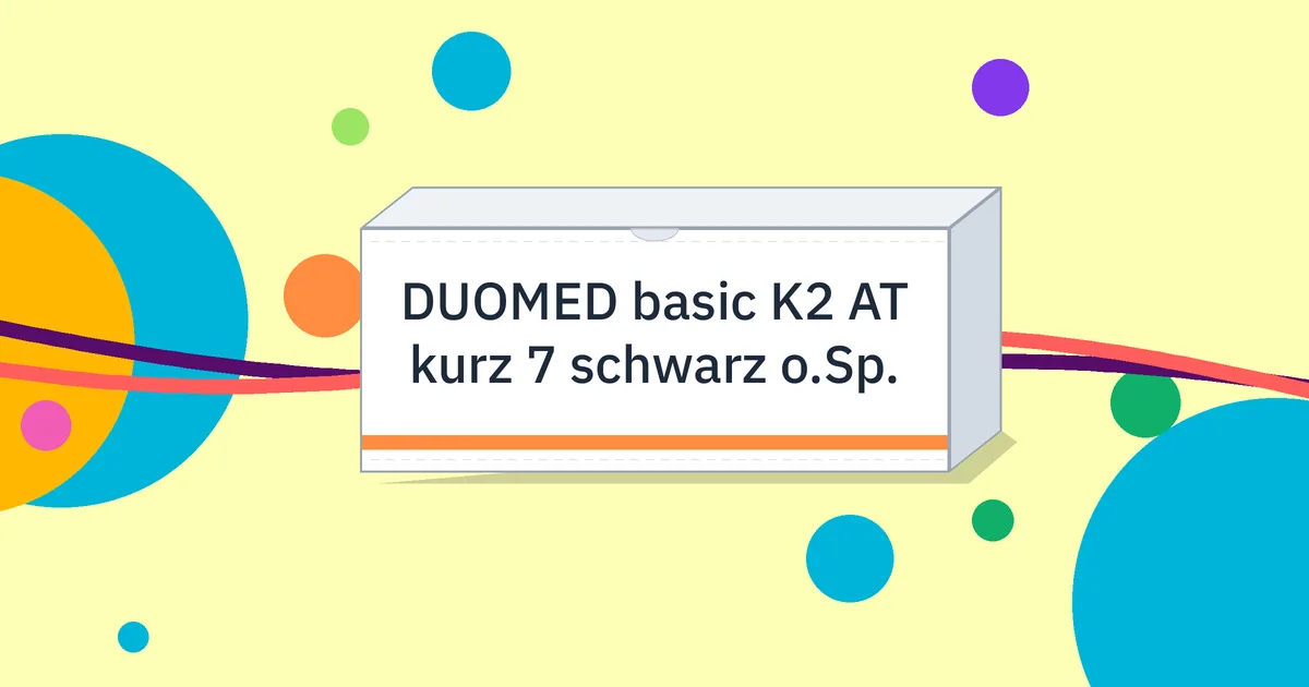 Symbolbild: Packung mit der Aufschrift DUOMED basic K2 AT kurz 7 schwarz o.Sp. (PZN 20906493) – Verfügbarkeit und Bezug in Apotheken in Frankfurt am Main