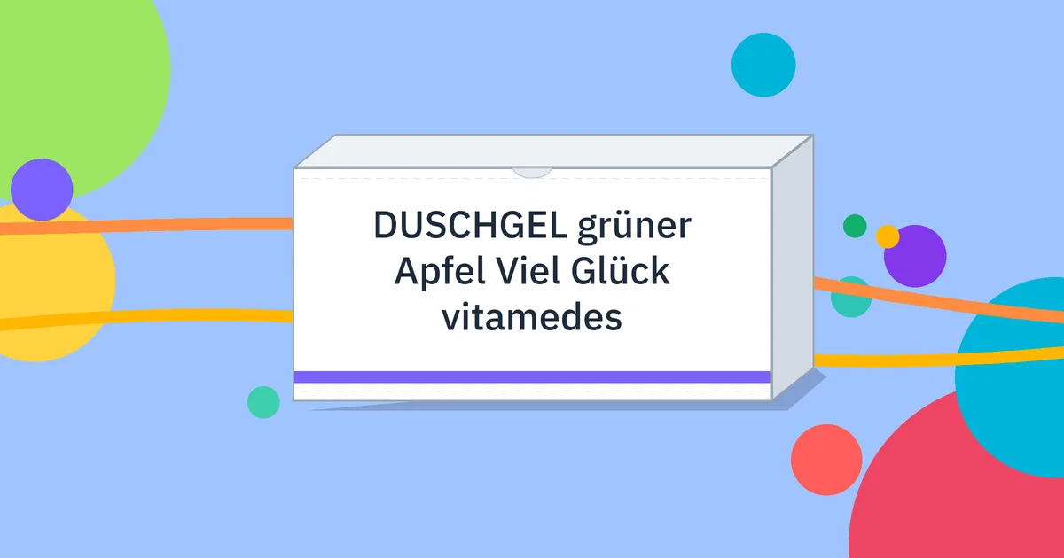 Symbolbild: Packung mit der Aufschrift DUSCHGEL grüner Apfel Viel Glück vitamedes (PZN 19780041) – Verfügbarkeit und Bezug in Apotheken in Frankfurt am Main