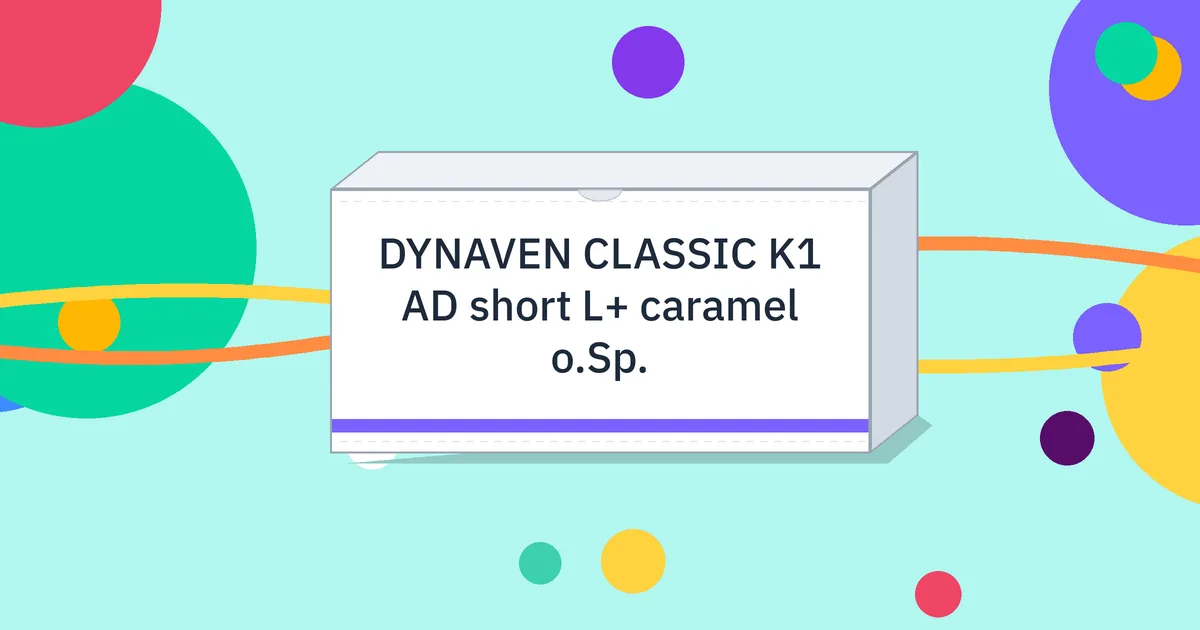 Symbolbild: Packung mit der Aufschrift DYNAVEN CLASSIC K1 AD short L+ caramel o.Sp. (PZN 18414423) – Verfügbarkeit und Bezug in Apotheken in Frankfurt am Main
