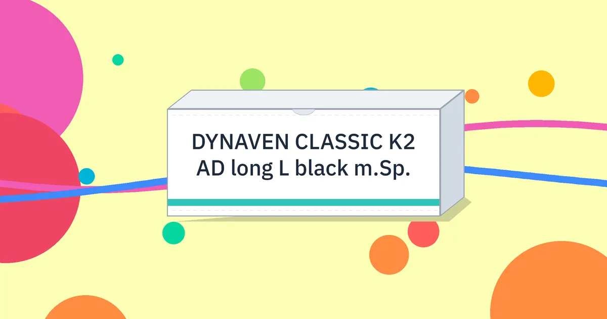 Symbolbild: Packung mit der Aufschrift DYNAVEN CLASSIC K2 AD long L black m.Sp. (PZN 18417700) – Verfügbarkeit und Bezug in Apotheken in Frankfurt am Main