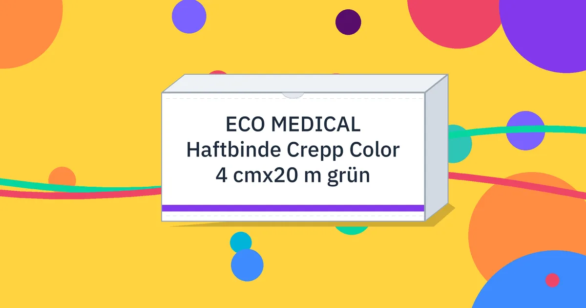 Symbolbild: Packung mit der Aufschrift ECO MEDICAL Haftbinde Crepp Color 4 cmx20 m grün (PZN 01322705) – Verfügbarkeit und Bezug in Apotheken in Frankfurt am Main