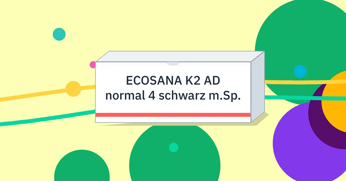 Symbolbild: Packung mit der Aufschrift ECOSANA K2 AD normal 4 schwarz m.Sp. (PZN 01344316) – Verfügbarkeit und Bezug in Apotheken in Frankfurt am Main