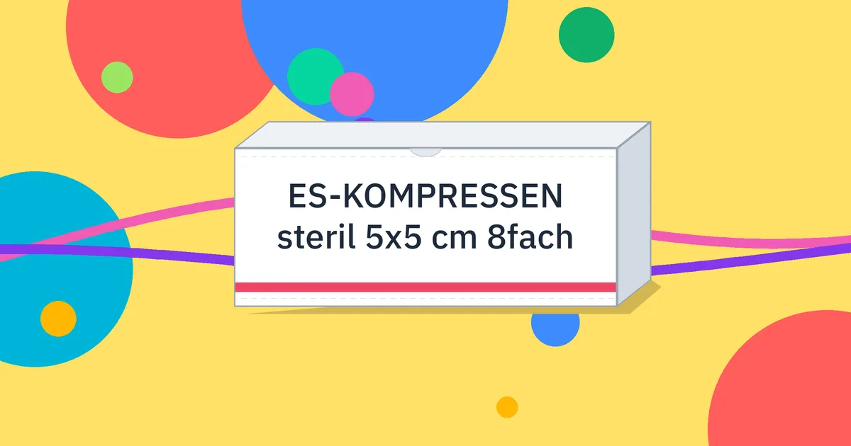 Symbolbild: Packung mit der Aufschrift ES-KOMPRESSEN steril 5x5 cm 8fach (PZN 20289310) – Verfügbarkeit und Bezug in Apotheken in Frankfurt am Main