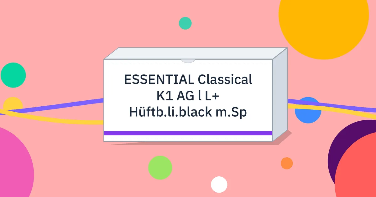 Symbolbild: Packung mit der Aufschrift ESSENTIAL Classical K1 AG l L+ Hüftb.li.black m.Sp (PZN 17013403) – Verfügbarkeit und Bezug in Apotheken in Frankfurt am Main