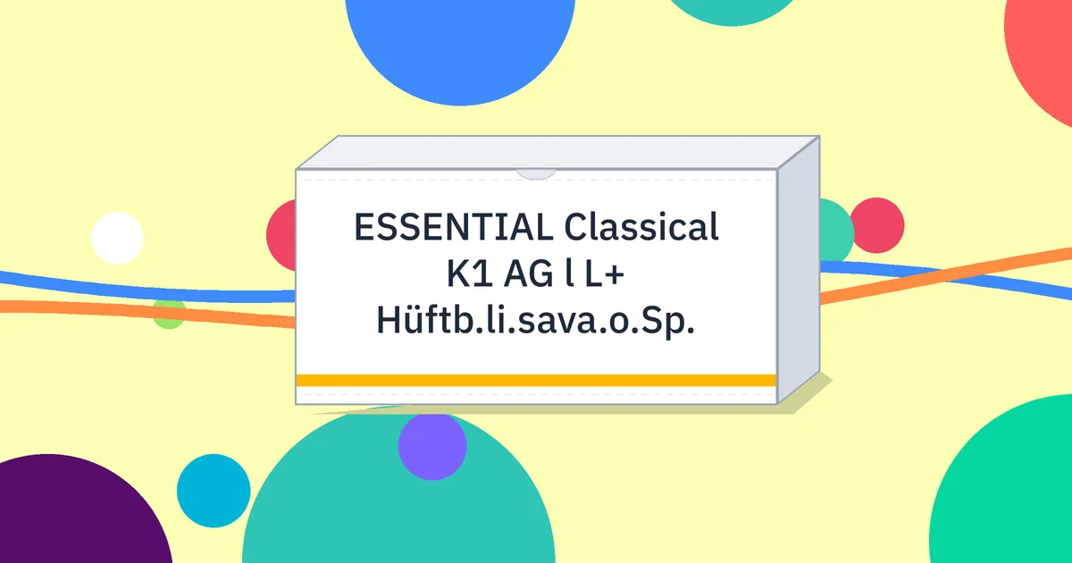 Symbolbild: Packung mit der Aufschrift ESSENTIAL Classical K1 AG l L+ Hüftb.li.sava.o.Sp. (PZN 17012674) – Verfügbarkeit und Bezug in Apotheken in Frankfurt am Main