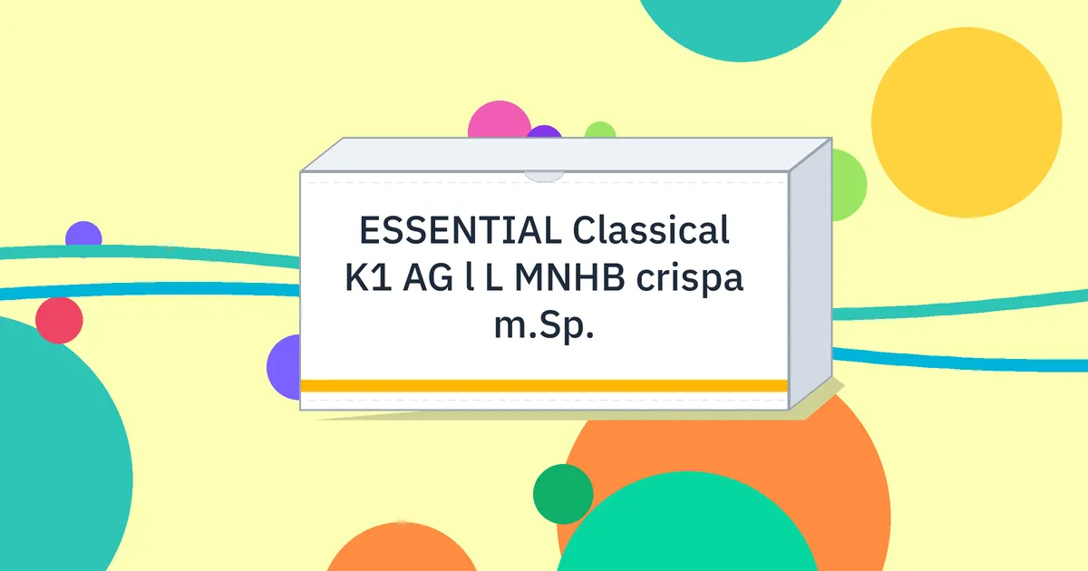 Symbolbild: Packung mit der Aufschrift ESSENTIAL Classical K1 AG l L MNHB crispa m.Sp. (PZN 19320919) – Verfügbarkeit und Bezug in Apotheken in Frankfurt am Main