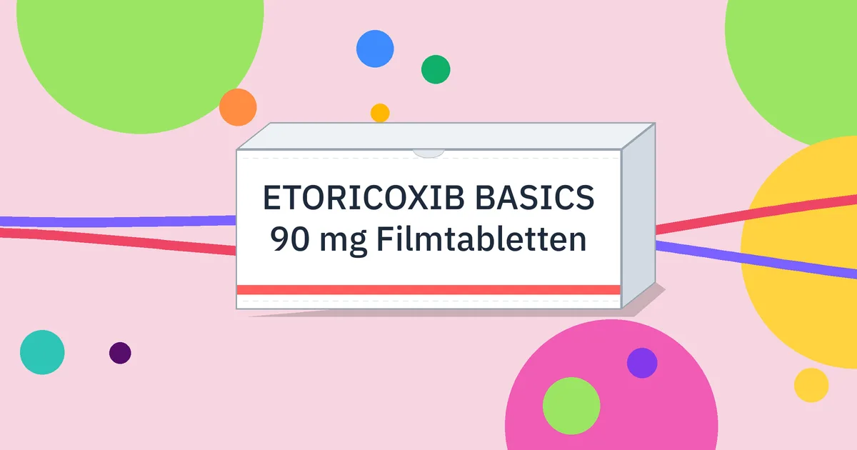 Symbolbild: Packung mit der Aufschrift ETORICOXIB BASICS 90 mg Filmtabletten (PZN 13153254) – Verfügbarkeit und Bezug in Apotheken in Frankfurt am Main