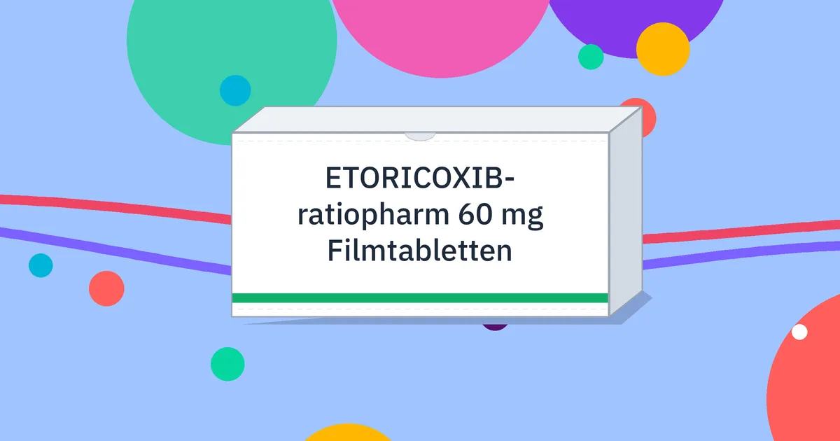 Symbolbild: Packung mit der Aufschrift ETORICOXIB-ratiopharm 60 mg Filmtabletten (PZN 12377075) – Verfügbarkeit und Bezug in Apotheken in Frankfurt am Main