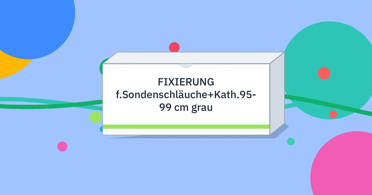 Symbolbild: Packung mit der Aufschrift FIXIERUNG f.Sondenschläuche+Kath.95-99 cm grau (PZN 20653342) – Verfügbarkeit und Bezug in Apotheken in Frankfurt am Main