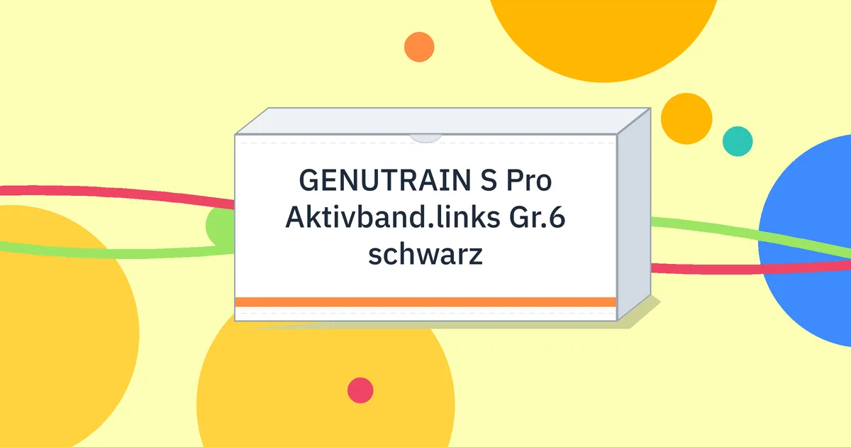 Symbolbild: Packung mit der Aufschrift GENUTRAIN S Pro Aktivband.links Gr.6 schwarz (PZN 09337209) – Verfügbarkeit und Bezug in Apotheken in Frankfurt am Main