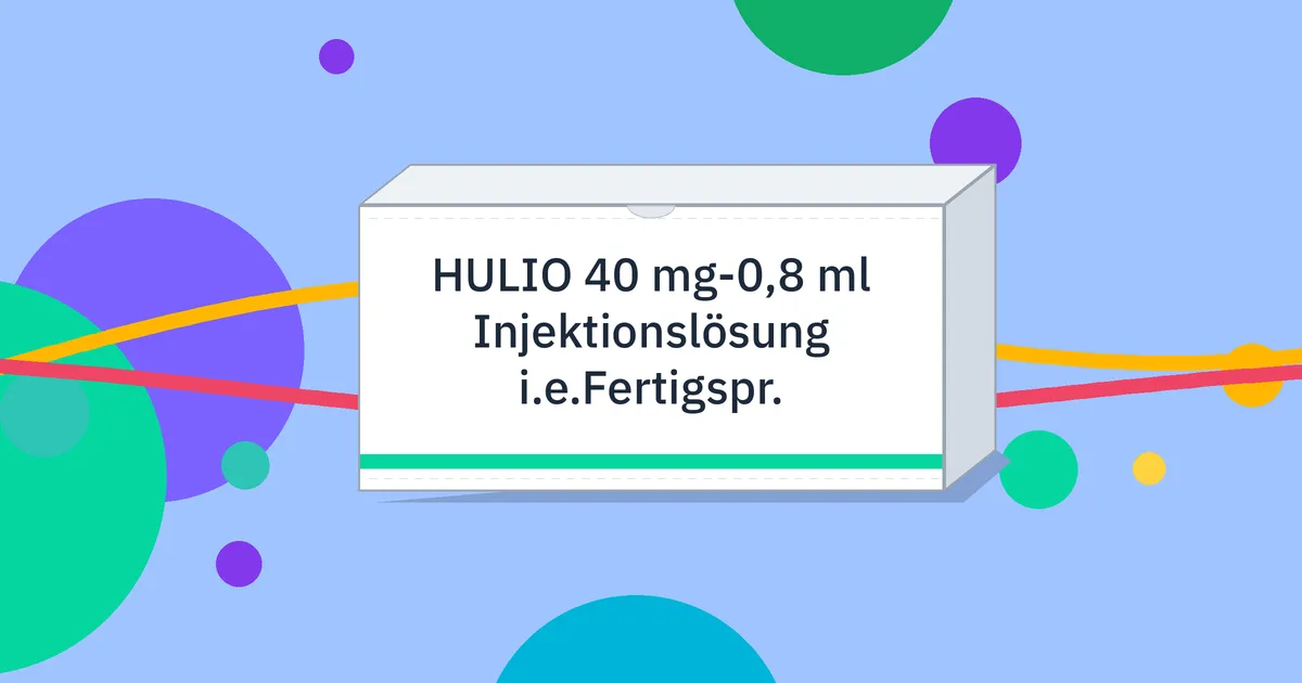 Symbolbild: Packung mit der Aufschrift HULIO 40 mg-0,8 ml Injektionslösung i.e.Fertigspr. (PZN 16022802) – Verfügbarkeit und Bezug in Apotheken in Frankfurt am Main