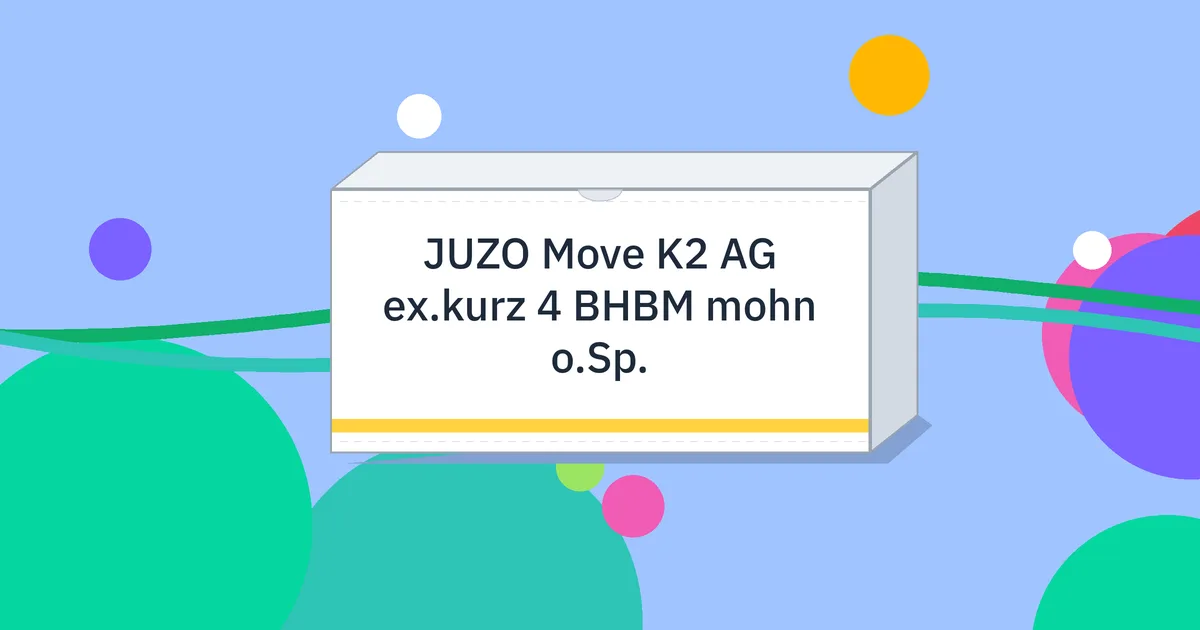 Symbolbild: Packung mit der Aufschrift JUZO Move K2 AG ex.kurz 4 BHBM mohn o.Sp. (PZN 18566162) – Verfügbarkeit und Bezug in Apotheken in Frankfurt am Main