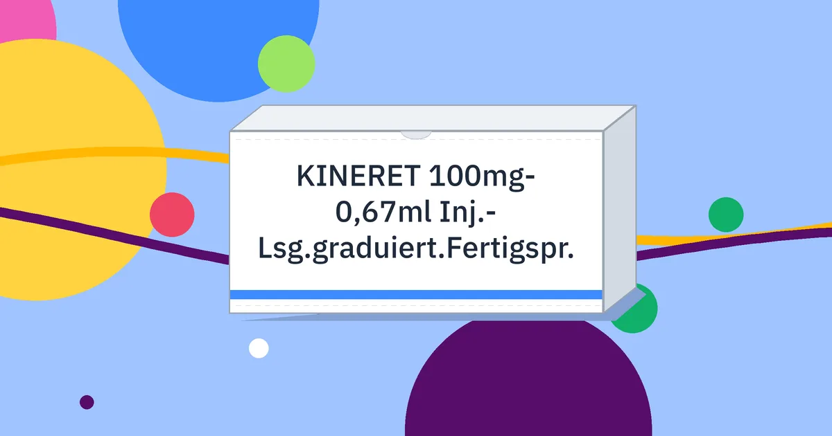 Symbolbild: Packung mit der Aufschrift KINERET 100mg-0,67ml Inj.-Lsg.graduiert.Fertigspr. (PZN 18393916) – Verfügbarkeit und Bezug in Apotheken in Frankfurt am Main