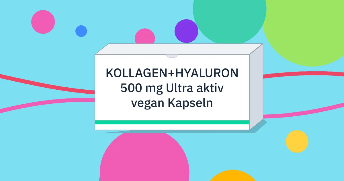 Symbolbild: Packung mit der Aufschrift KOLLAGEN+HYALURON 500 mg Ultra aktiv vegan Kapseln (PZN 20927012) – Verfügbarkeit und Bezug in Apotheken in Frankfurt am Main