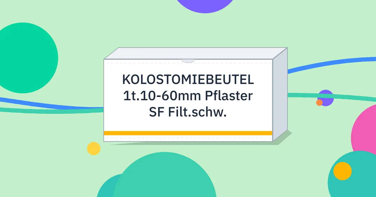 Symbolbild: Packung mit der Aufschrift KOLOSTOMIEBEUTEL 1t.10-60mm Pflaster SF Filt.schw. (PZN 18423942) – Verfügbarkeit und Bezug in Apotheken in Frankfurt am Main