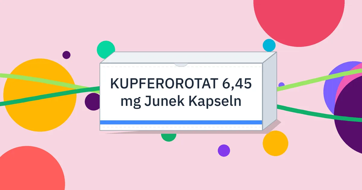 Symbolbild: Packung mit der Aufschrift KUPFEROROTAT 6,45 mg Junek Kapseln (PZN 11658642) – Verfügbarkeit und Bezug in Apotheken in Frankfurt am Main