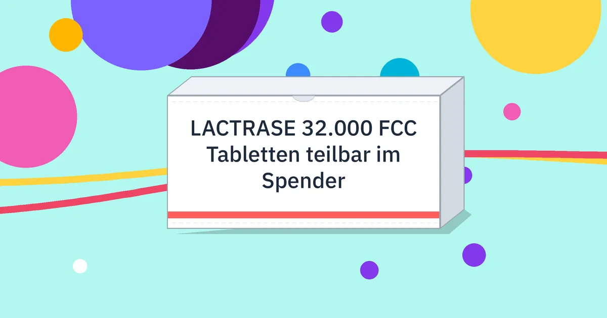 Symbolbild: Packung mit der Aufschrift LACTRASE 32.000 FCC Tabletten teilbar im Spender (PZN 18707800) – Verfügbarkeit und Bezug in Apotheken in Frankfurt am Main